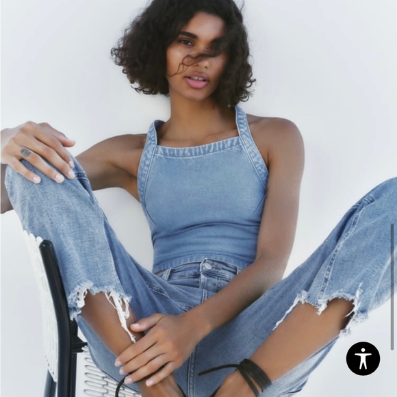 Zara | Tops | Zara Denim High Neck Open Back Crop Top | Poshmark